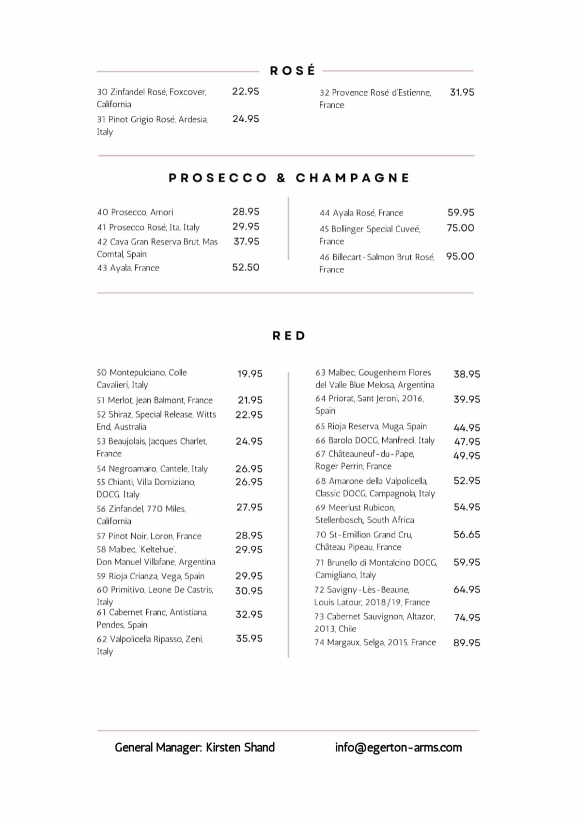 Menu - The Egerton Arms, Broxton