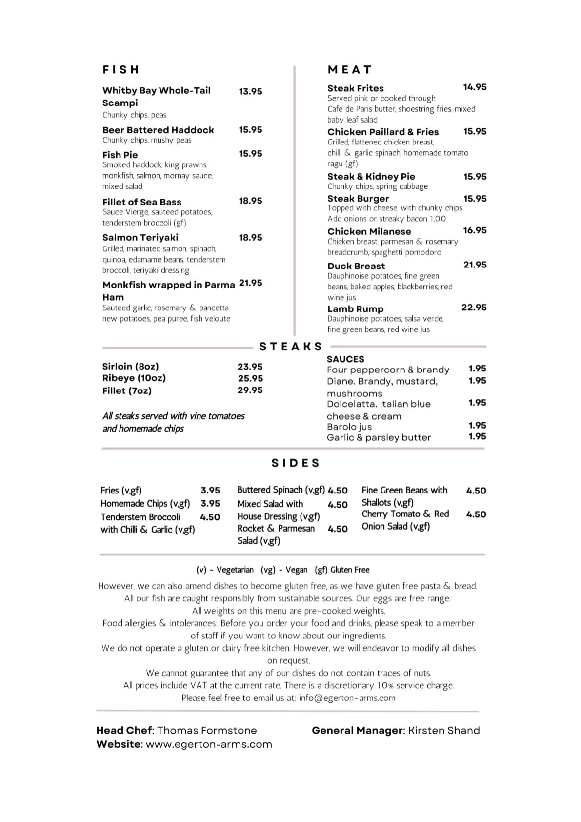 Menu - The Egerton Arms, Broxton