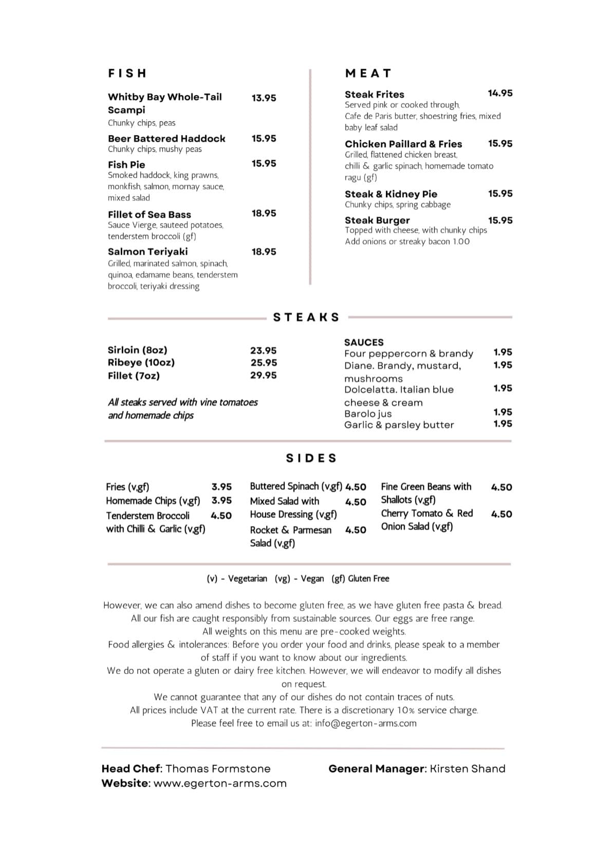 Menu - The Egerton Arms, Broxton