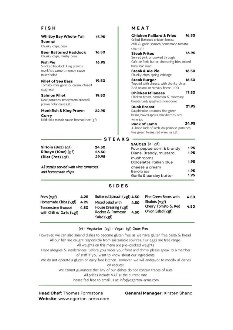 Menu - The Egerton Arms, Broxton