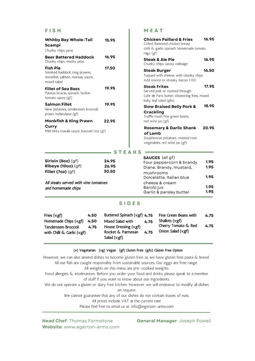 Menu - The Egerton Arms, Broxton