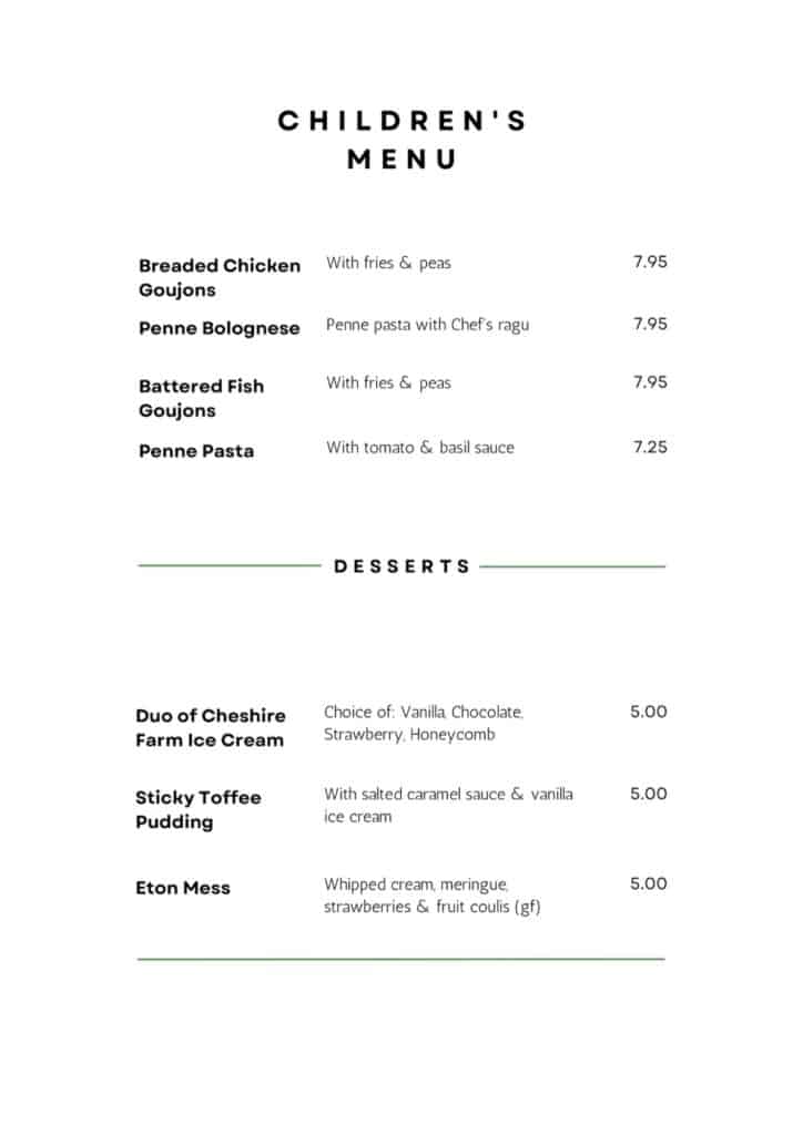 Menu - The Egerton Arms, Broxton