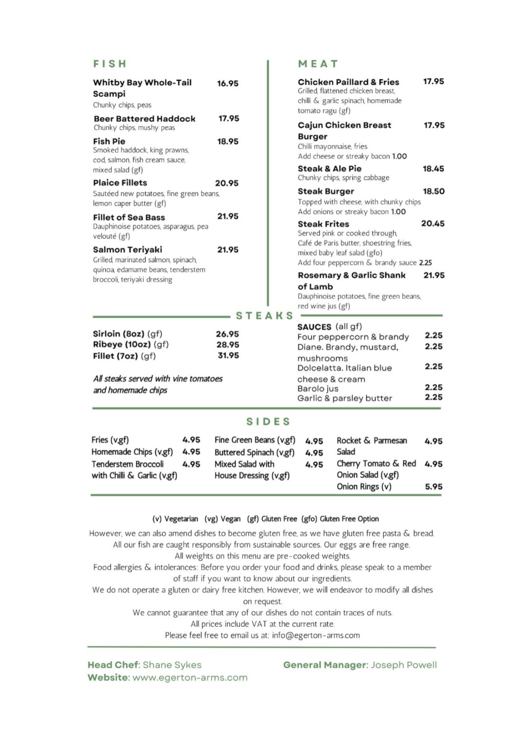 Menu - The Egerton Arms, Broxton