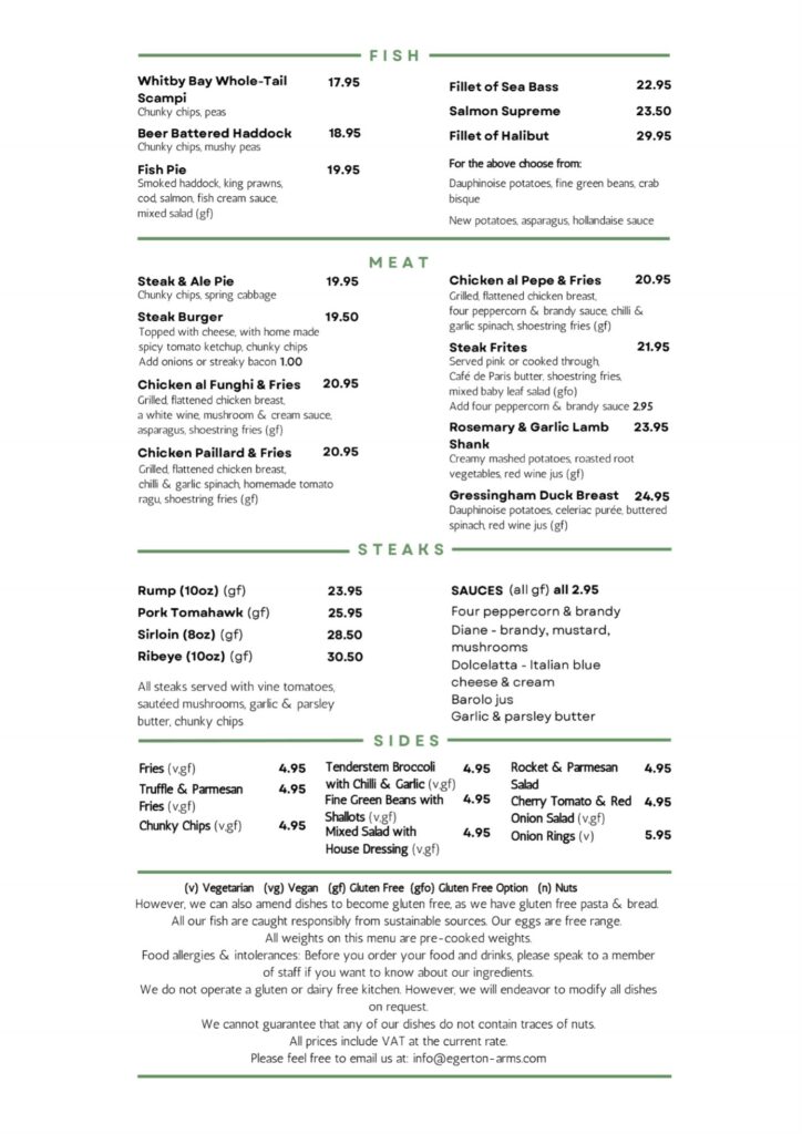 Menu - The Egerton Arms, Broxton