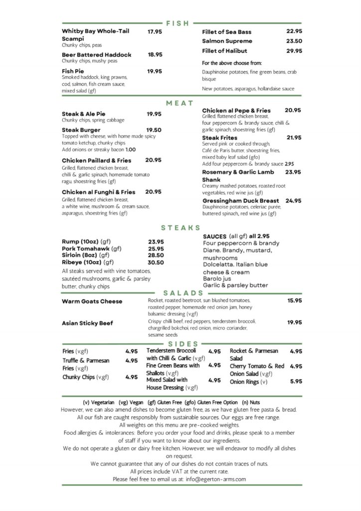 Menu - The Egerton Arms, Broxton